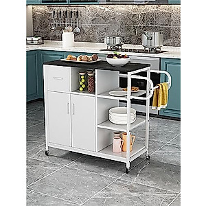 JouZYA Kitchen Island Rolling Storage Cabinet Cart w/Wheels, Drawers, Rack White-Black