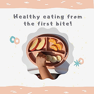 Mini Yummi 4 Piece 100% Silicone Suction Non-Slip Baby Feeding Set Includes Divided Plate + Bowl + Silicone Cup & Spoon for Infants & Toddler Dishwasher-Safe, Microwave-Safe, Freezer-Safe, BPA Free