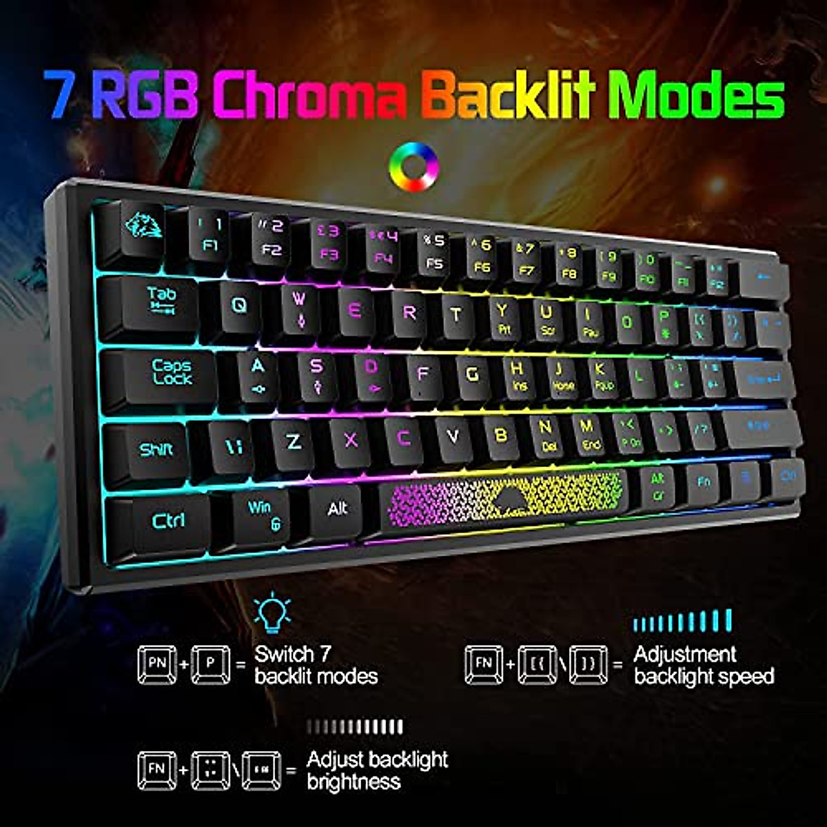 60% Gaming Keyboard and Mouse,Rainbow LED Backlit Gaming Keyboard with Wired Mini Portable Ergonomic 2400 DPI Ultralight Gaming Honeycomb Shell Mouse,Mouse Pad for Windows PC Gamers(Black)
