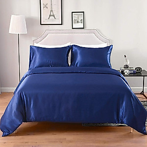 Opulence Bedding Silk Satin Duvet Cover Set Twin 3 Piece (Duvet Cover + 2 Pillowcases) Duvet Cover Twin Size Navy Blue Satin Comforter Cover Zipper Closure