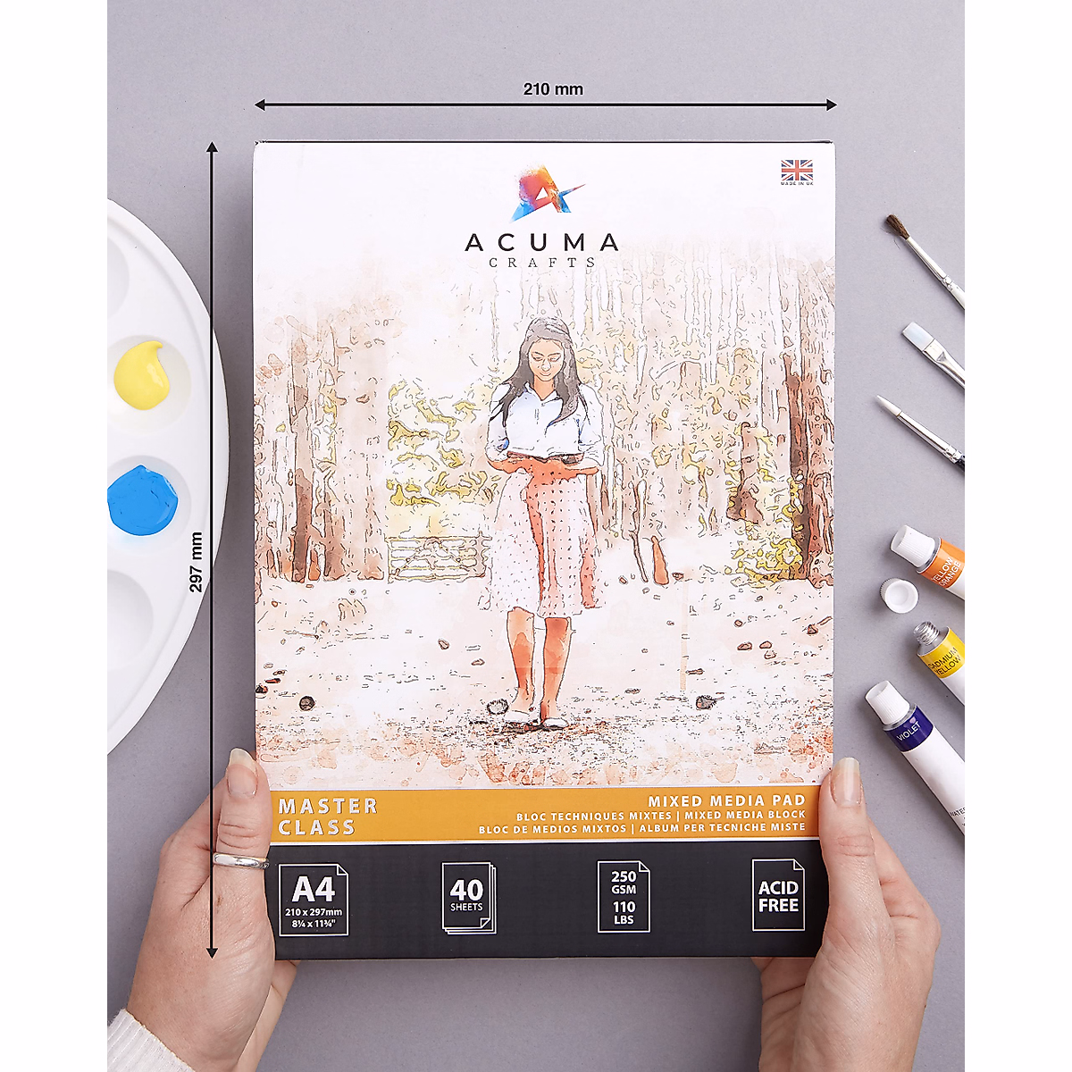 Mixed Media Paper Art Pad, 40 Sheets, A4 Size 110 lb/250 GSM, Glue Bound, Bleedproof, Acid Free, Cold Pressed for Artists Wet, Mixed Media Drawing and Techniques, Made in UK by Acuma Crafts