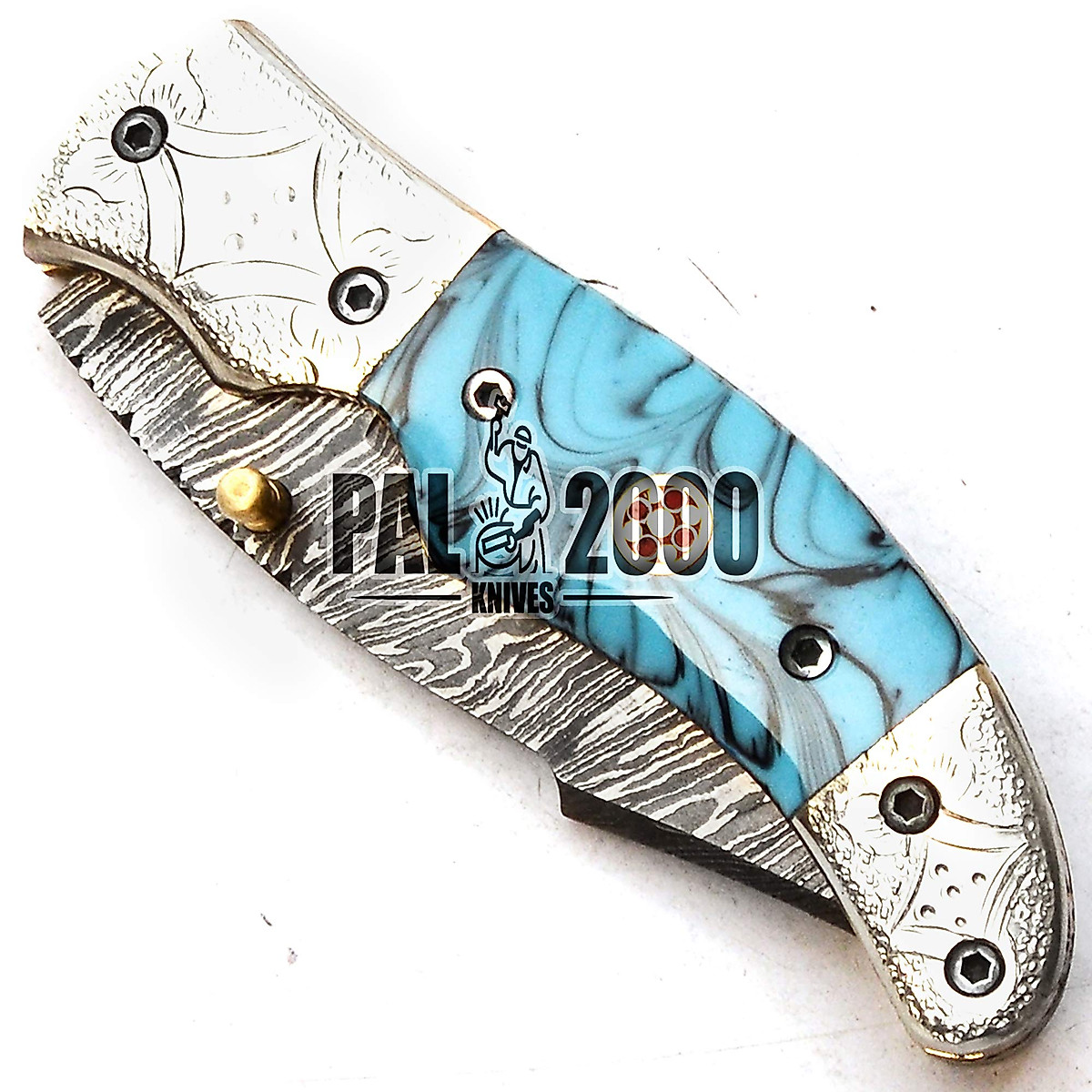POC-9776 Folding Damascus Steel Hunting Knife with Pocket Clip Sheath