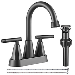 Cobbe Black Bathroom Faucets 3 Hole, 4 Inch Bathroom Sink Faucet with Pop Up Drain and 2 Supply Hoses, 2 Handle Centerset Bathroom Faucet for Sink Vanity, Matte Black