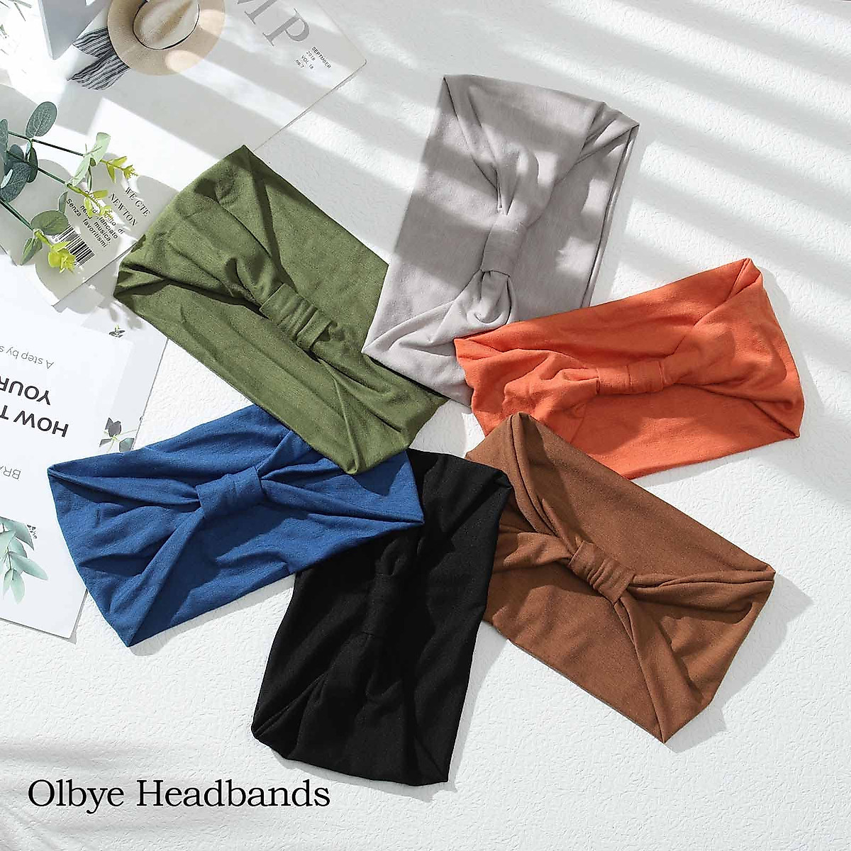 Olbye Wide Headbands Knotted Turban Elastic Non Slip Hairbands Yoga Workout Head Wraps Running Sweatbands Boho Fashion Hair Accessories for Women Pack of 6（Solid Color A）