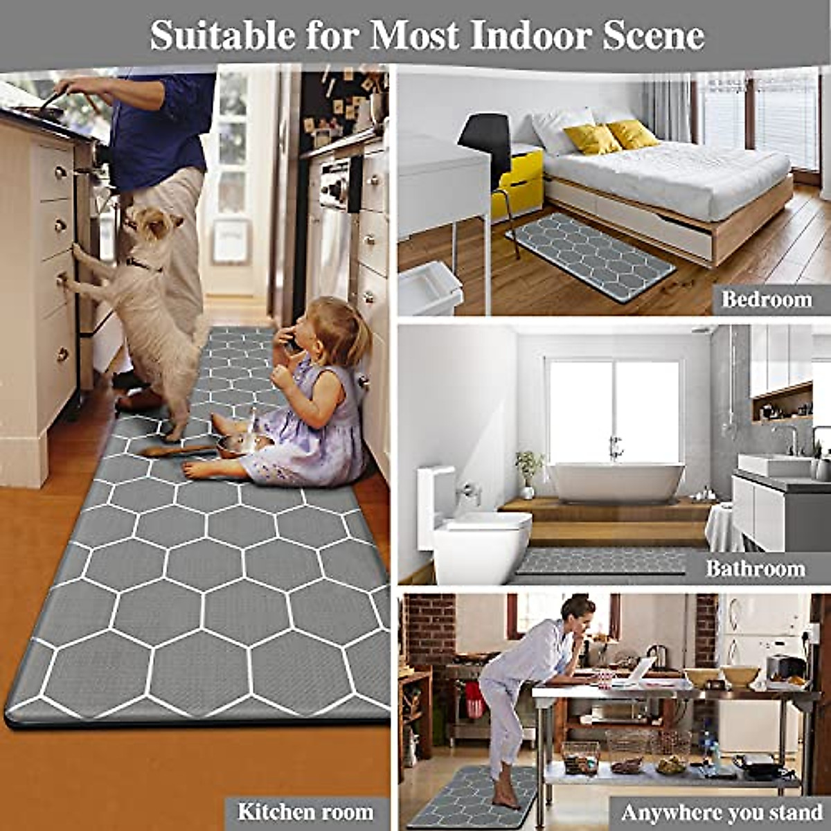 Gray Kitchen Mats for Floor,PVC Cushioned Anti-Fatigue Comfort Mat,2 Piece 0.47in Super Thick Kitchen Rugs【59In】 for Kitchen Sink Office Laundry Room