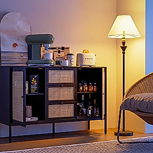 IKIFLY Rattan Sideboard Buffet Cabinet, Boho Rattan Storage Cabinet with 3 Drawers and 2 Doors, Accent Console Table Cabinet for Living Room, Kitchen, Dining Room, Entryway - Black