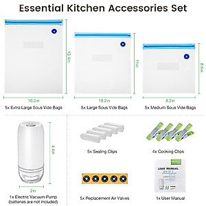 BLITZHOME Vacuum Sealer Bags for Food 3 Sizes, 30 Pack Kit with Vacuum Pump, 15Pcs Reusable Sous Vide Bags, 5 Air Valves, 5 Sealing Clips, 4 Clips for Sous Vide Cooking/Food Storage, BPA Free…