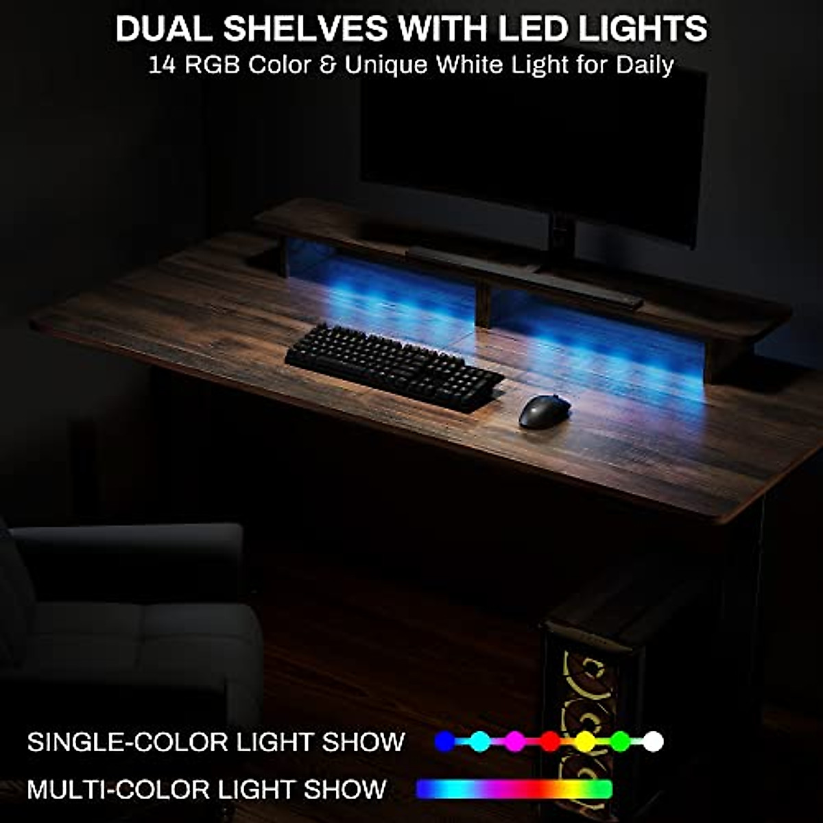 EUREKA ERGONOMIC Electric Standing Desk,63 Inches Height Adjustable Desk,Stand up Desk with Dual Motor,Computer Desk with LED Lights & Double Shelves,Home Office Desk with Monitor Stand,Brown Wood