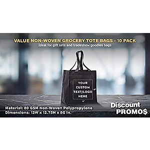 DISCOUNT PROMOS Custom Reusable Cloth Grocery Shopping Tote Bags - 10 Pack - Personalized Logo, Text - Foldable, Washable, Shopper Bag - Black