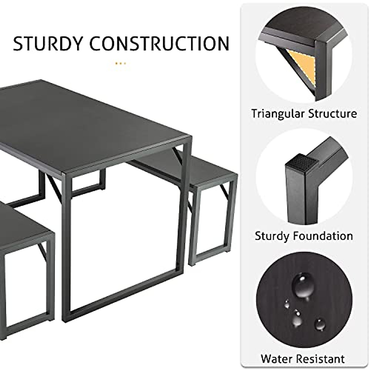 SHA CERLIN 3-Piece Dining Table Set with 2 Benches, Rustic Kitchen Table Set for 4-6, Space-Saving Dinette, Sturdy Structure, Easy Assemble, Black/Grey