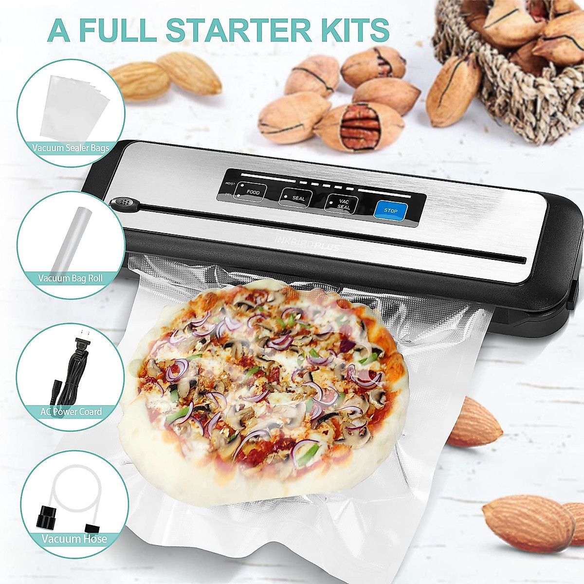 Vacuum Sealer Machine with 55 Count 8"x12" Food Sealers Bags and 8"*79' Vacuum Sealer Roll, Inkbird Automatic Vacuum Sealers Machine with Built-in Cutter, Dry & Moist Sealing Modes for Food Storage