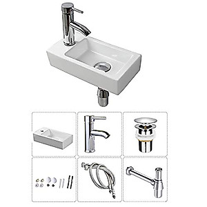 Wall Hung Basin Sink Small Cloakroom Basin Rectangle Ceramic Wash Basin Left Hand with Tap & Drain(Art Deco)