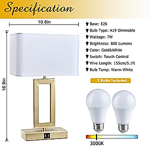 Set of 2 Table Lamps with Dual USB Ports,Touch Control for Bedside and Nightstand in Bedroom, 3-Way Dimmable Modern for Desk, Living Room, Office, LED Bulbs Included, Gold&White