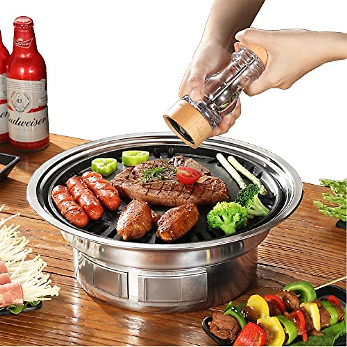 WGLAWL Charcoal Grills, Portable Household Korean Non-Stick Barbecue BBQ Grill Stove, Tabletop Smoker Charcoal Grill for Courtyard Camping Picnic Hiking Traveling Beach BBQ (Color : Silver)