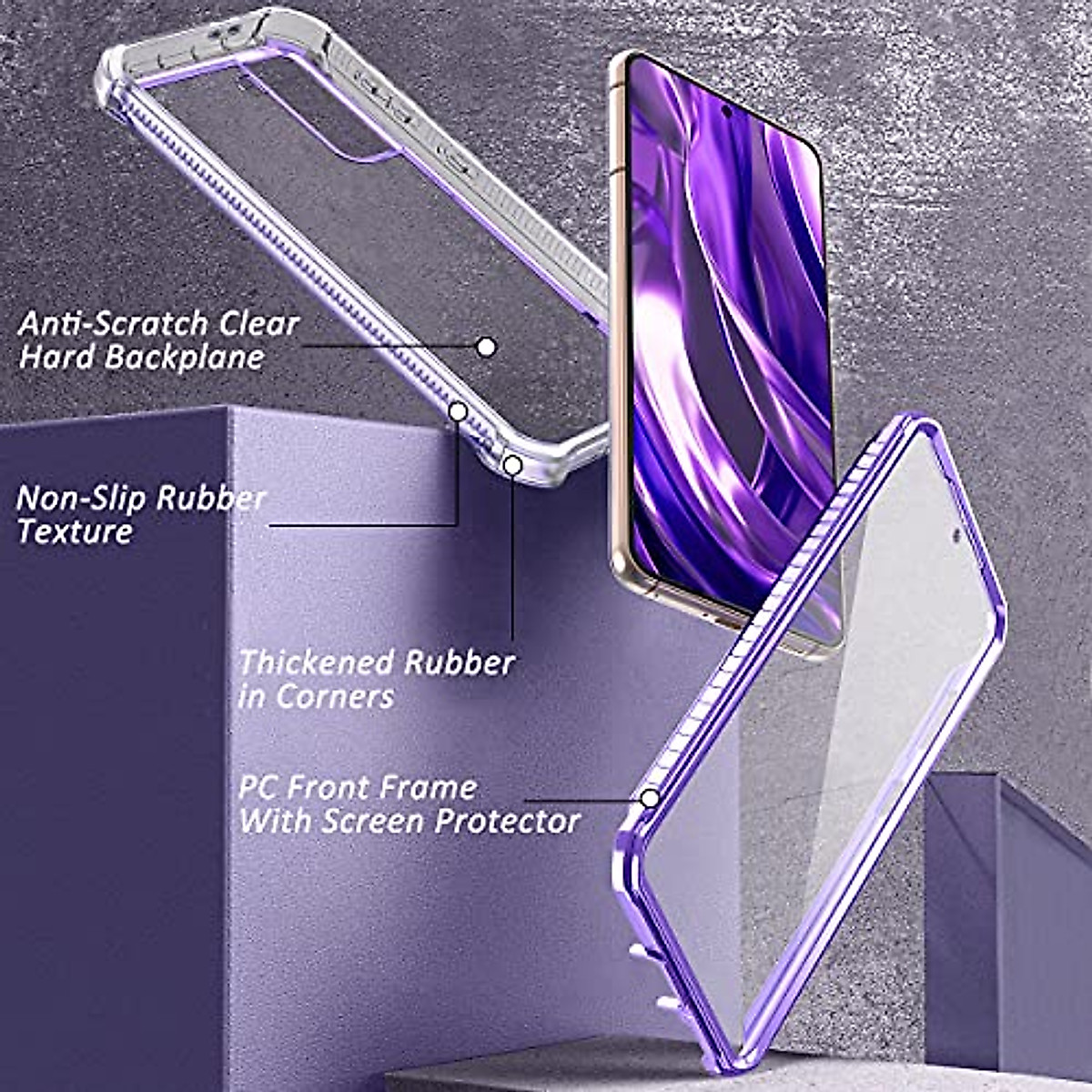Dexnor Compatible with Samsung Galaxy S21 Plus Case with Screen Protector Electroplated Frame Clear Back Cover Rugged 360 Full Body Protective Shockproof Heavy Duty Bumper for Women -Metallic Purple