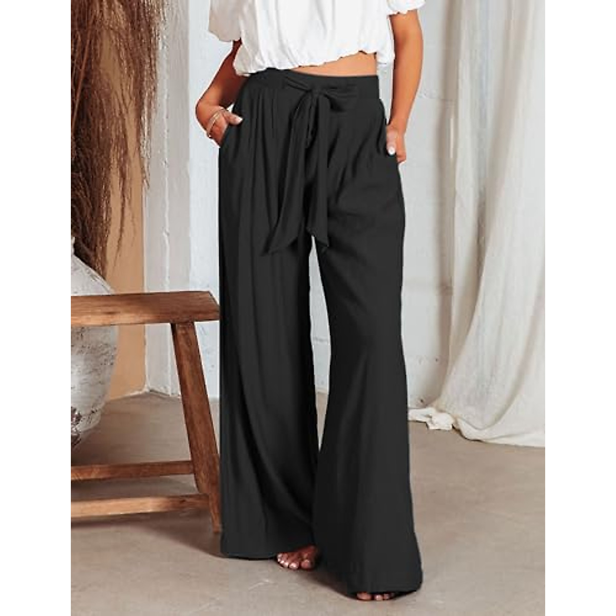 Rheane Wide Leg Pants for Women Palazzo Black Linen Flowy Pants High Waisted Smocked Waist Belt Boho Beach Holiday 2023 Fall (Black L)