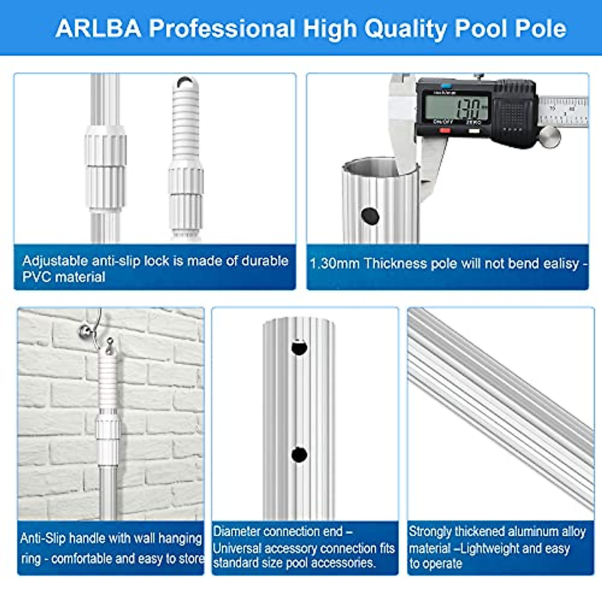 ARLBA Upgraded Professional 16.5 Feet Swimming Pool Pole Telescopic Aluminum Thicken 1.30mm Adjustable Fits Skimmer Net Rake Vacuum Head Brush Pool Cleaning Equipment Heavy Duty -Universal Fit 1-1/4