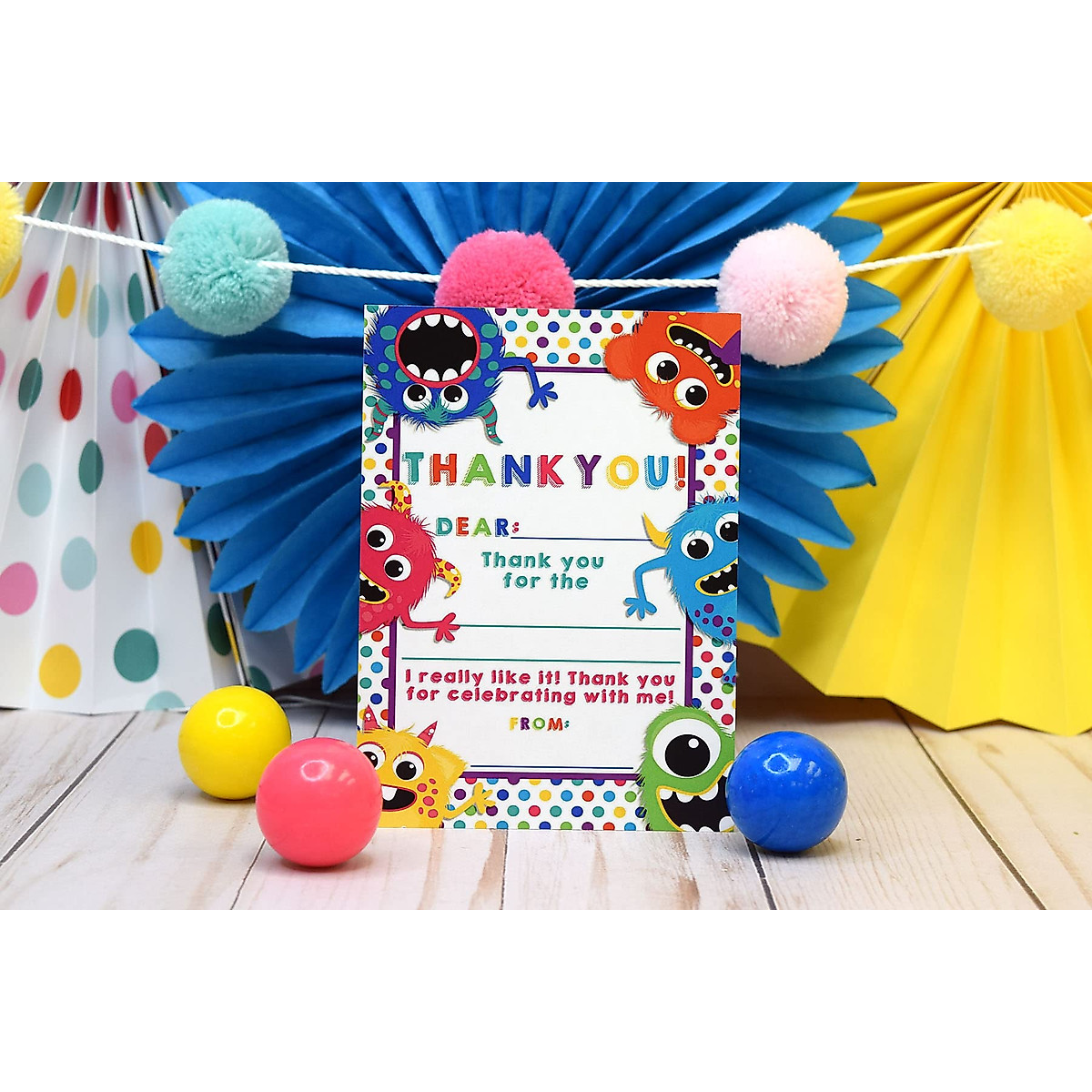 Cute & Colorful Monsters Thank You Notes for Kids, Ten 4" x 5.5" Fill In The Blank Cards with 10 White Envelopes by AmandaCreation