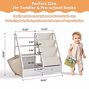 HAVLOTII Kids Bookshelf and Toy Storage - Kids Book Shelf for Kids Rooms, Toddler Bookshelf Baby Bookcase for Nursery, Montessori Toy Organizer, White