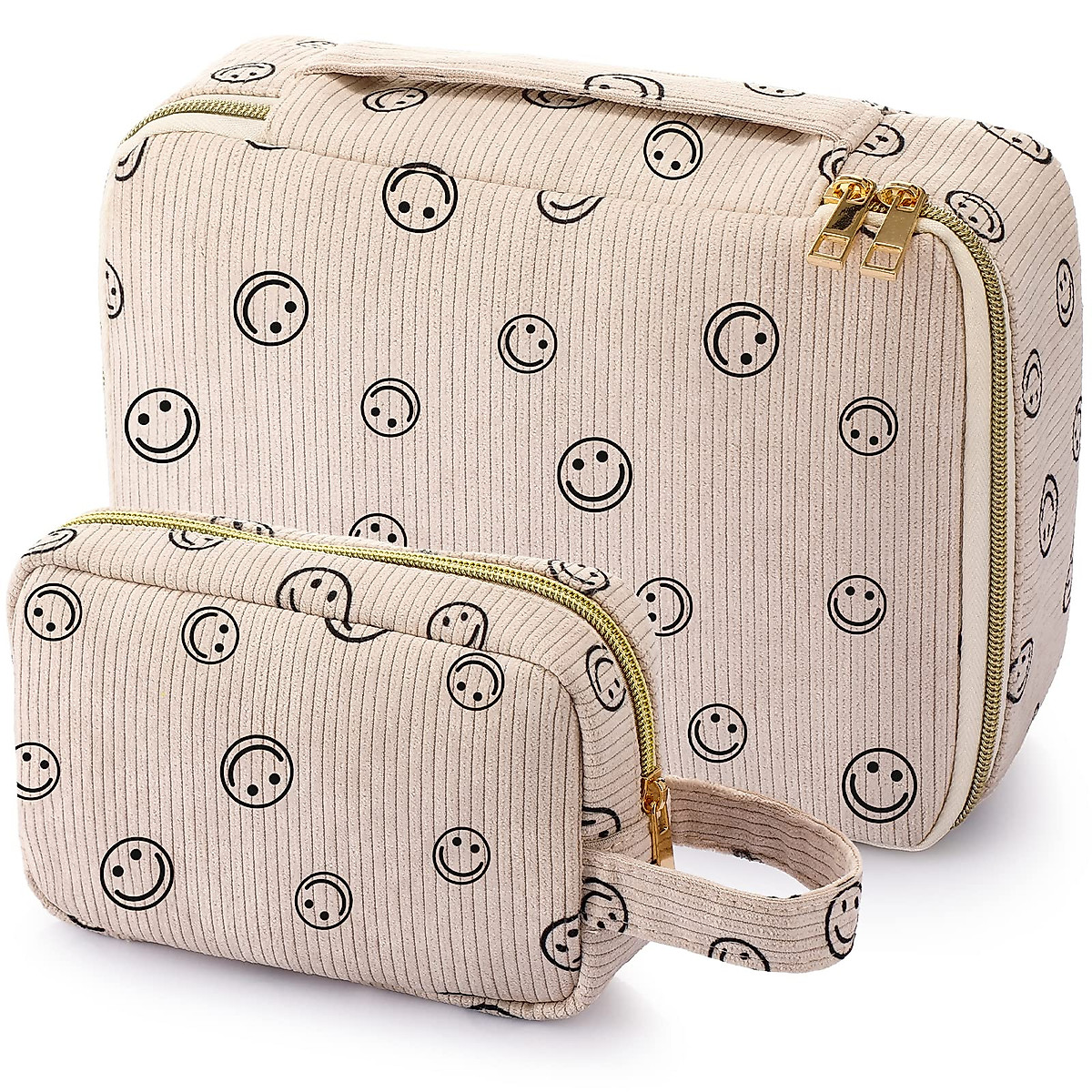Sanwuta 2 Pcs Corduroy Cosmetic Bag Set Travel Toiletry Bag Smile Face Makeup Pouch Portable Cosmetic Pouch Smile Dots Bags Multifunction Organizer Washable Skincare Bag for Women, 2 sizes
