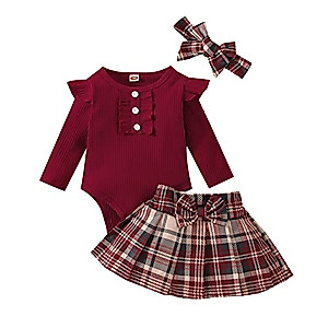 Infant Toddler Baby Girl Fall Winter Outfits Long Sleeve Romper Knitted Bodysuit with Plaid Skirt 2Pcs Christmas Outfits (Wine Red, 9-12 Months)