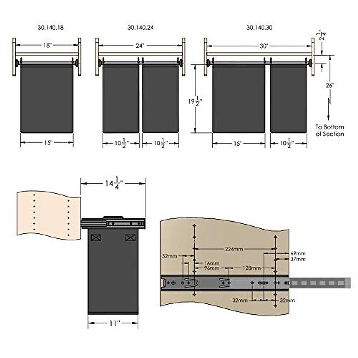 TAG Hardware Full Extension Pullout Laundry Hamper with Removable Bag Matt Nickel (Width (18") 457 mm - 1 removable large bag)