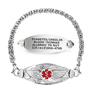 Divoti Custom Engraved Medical Alert Bracelets for Women, Stainless Steel Medical Bracelet, Medical ID Bracelet w/Free Engraving – Angel Wing Tag w/Handmade Byzantine-Red-8.0"
