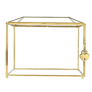 REDHUGO 10.2x5.9x7.9 in Medium Glass Card Box Handmade with Slot and Lock, Wedding Card Boxes for Reception, Graduation, Gift Cards, Party, Brass Geometric Terrarium, Golden Decorative Box