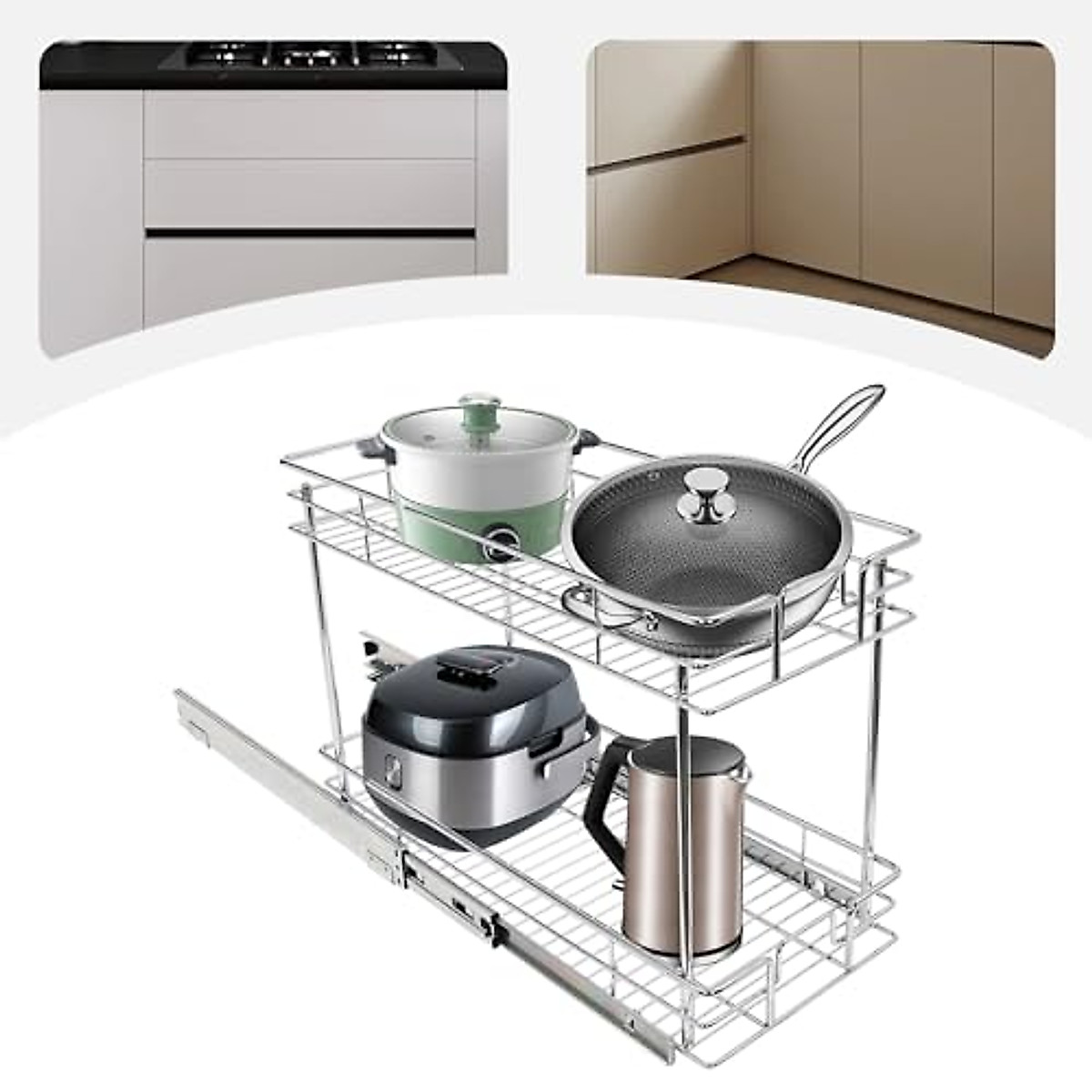 KarweuSu 2-Tier Kitchen Cabinet Pull Out Shelf and Drawer Organizer, Slide Out Pantry Storage Basket in Multiple Sizes, Pull Out Cabinet Organizer for Kitchen (Silver-10.5" W X 21.5" D)