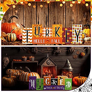 Purpeak Reversible Fall Wooden Table Sign Double Side Halloween and Thanksgiving Tabletop Sign Decor Wicked and Turkey Wood Block Fall Tiered Tray Decor for The Home Shelf Party Decor