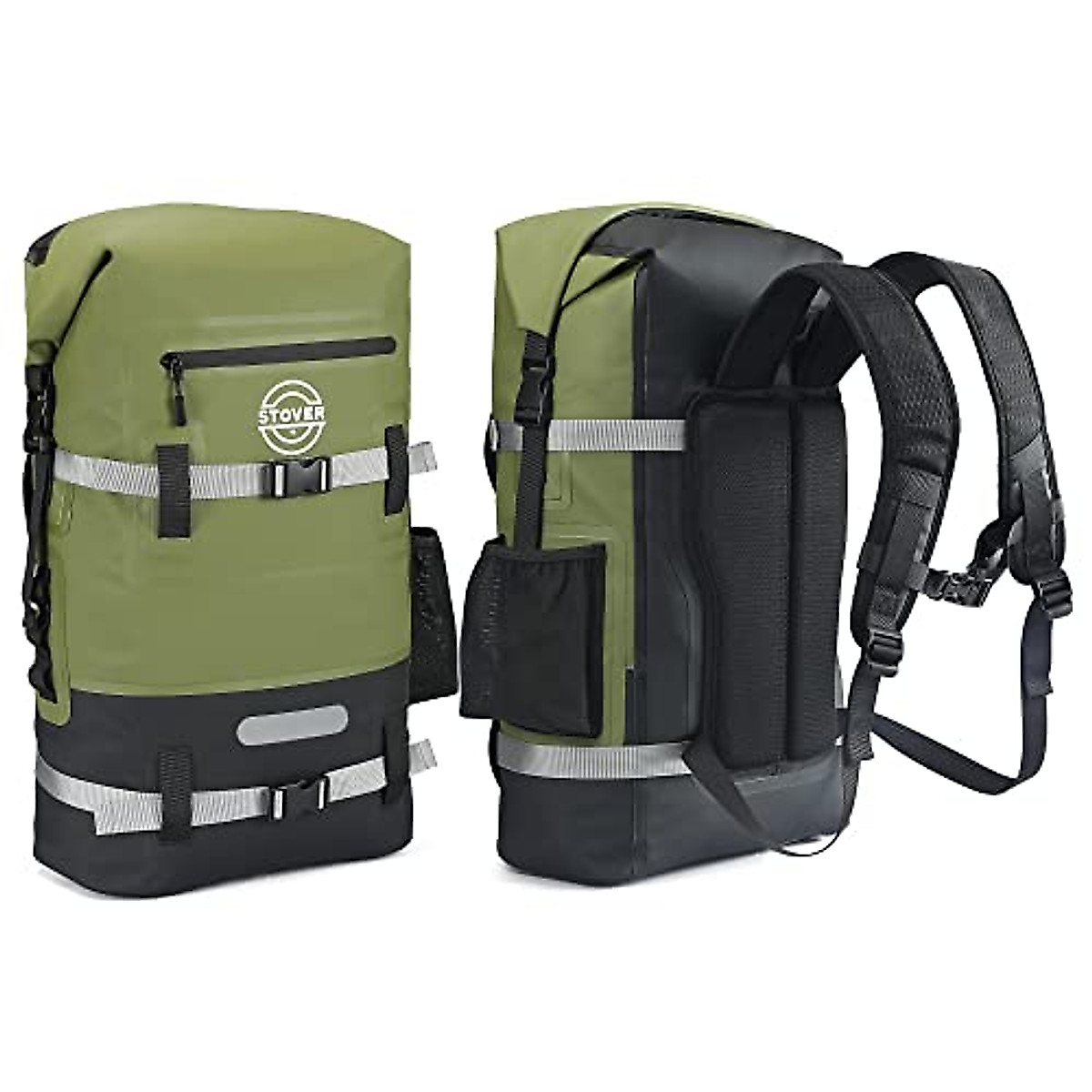 STOVER Waterproof Dry Bag Backpack 35L for Kayaking, Heavy Duty Roll-Top Closure Floating Bag with Front Pocket and Reflective Strip for Outdoor Water Activities (Green)