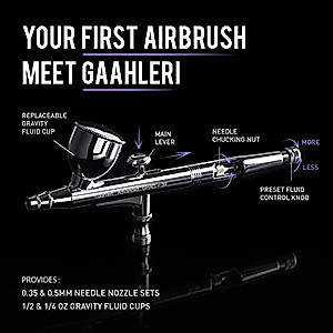 Gaahleri Airbrush Kit, Airbrush Gun Dual-Action Gravity 1/2 & 1/4 oz Fluid Cup, 0.35 & 0.5 mm Needle, Cost-Effective Air Brush Set Makeup Nail Art Painting Model Coloring Cake Decor Silver