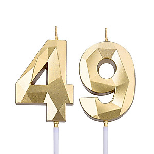 2 inch Gold 49 Birthday Candles, 3D Diamond Number 49th Cake Topper for Boys Girls Birthday Party Decorations Theme Party