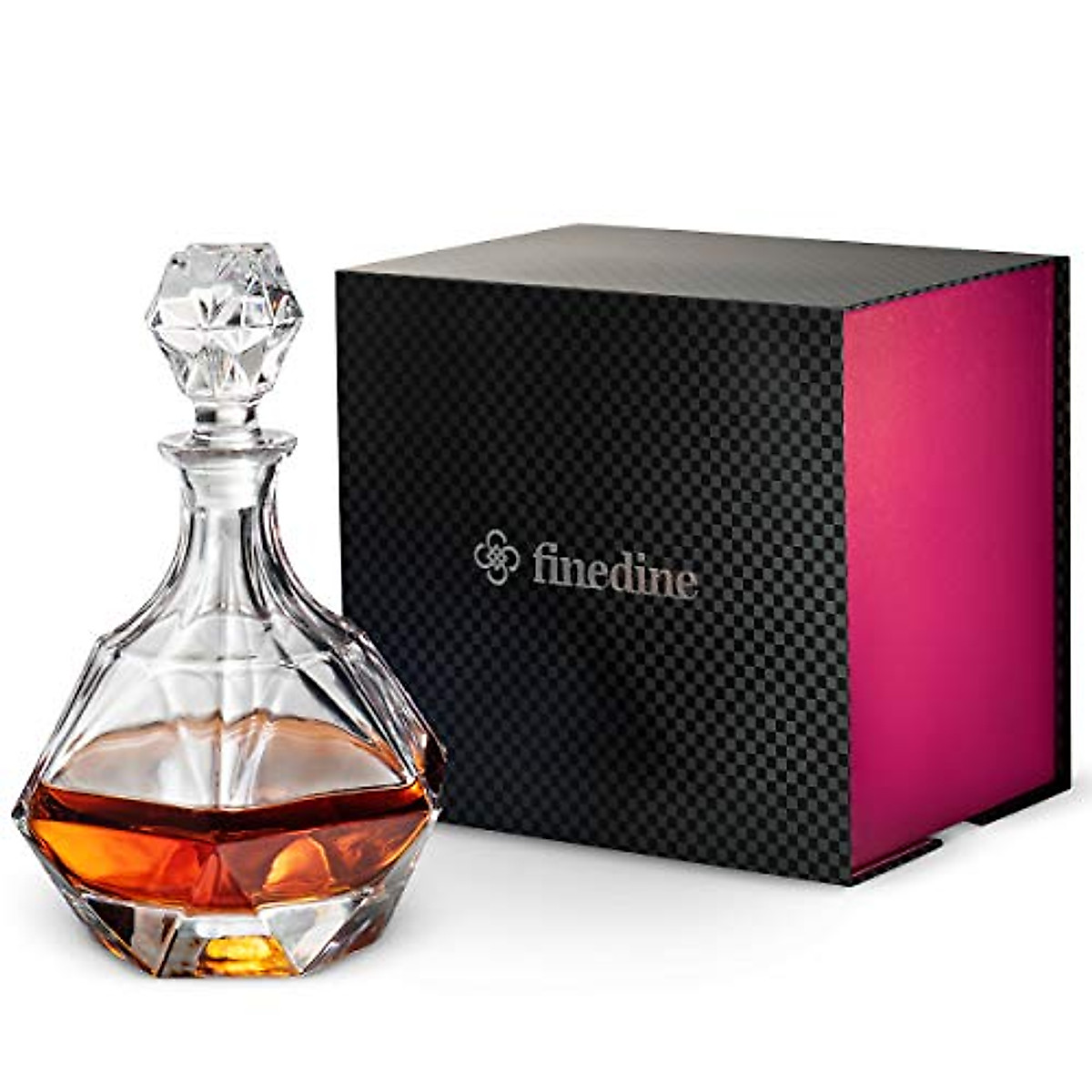 FineDine European Style Glass Whiskey Decanter & Liquor Decanter with Glass Stopper, 30 Oz.- With Magnetic Gift Box - Aristocratic Exquisite Diamond Design - Glass Decanter for Alcohol Bourbon Scotch.