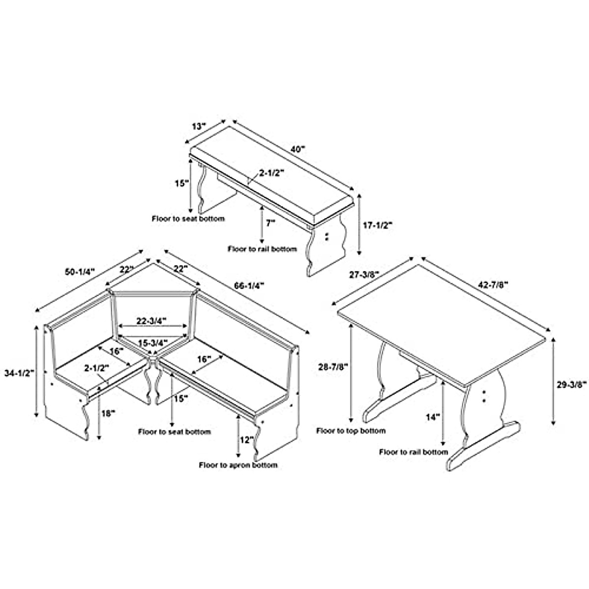 Riverbay Patio Conversation Indoor 3 Piece Kitchen Corner Nook Table Booth Bench Breakfast Dining Set in Charcoal