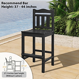 Sundale Outdoor Tall Adirondack Bar Chair Set of 2, HDPE Patio Bar Stools with Backrest, 27.5 Inch Seat Height Tall Bistro Dining Counter Stool, All-Weather Pub Height Chair, Black
