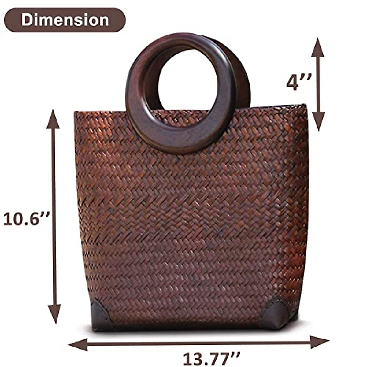 QTKJ Hand-woven Womens Straw Large Boho Handbag Bag for Women, Summer Beach Rattan Tote Travel Bag with Wood Round Top Handle (Brown)