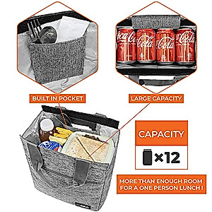 opux Lunch Bag for Women, Insulated Lunch Box Tote for Girls Work School Men Kids Office, Thermal Soft Small Lunch Cooler Bag for Picnic Travel with Pocket, Fits 12 Cans - Heather Gray