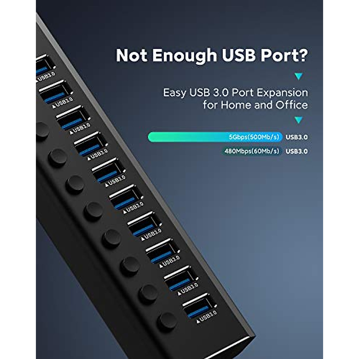 Powered USB Hub 3.0 ikuai Aluminum 10 Port USB 3.0 Data Hub Splitter with 12V/3A 36W Power Adapter and Individual On/Off Switches for Desktop PC Laptop and More