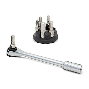 Prestacycle Prestaratchet Micro, Heavy-Duty Mini Ratchet & 1/4 Bits for Bike Repair & Maintenance, 40Nm Small Ratchet & Screwdriver with 6 Hex Bit Set, with Round Bit Holder & Tool Stand