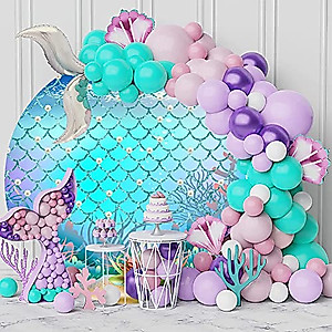 Mermaid Round Backdrop Cover 7ft Under The Sea Glittering Mermaid Birthday Backdrop Underwater Round Backdrop Cover Girls Princess Birthday Party Baby Shower Gender Reveal Photo Background Decor