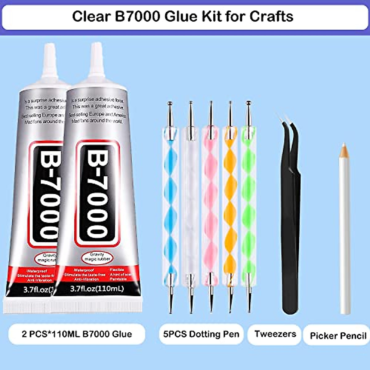 B7000 Adhesive Rhinestones Glue for Crafts, 2PCS 110ml / 3.7 fl oz B7000 Clear Glue with 5 Dotting Pen Tool, Wax Pencil and Tweezer, Jewelry Glue for DIY Craft Makeup Shoes Jewelry Making Nail Art