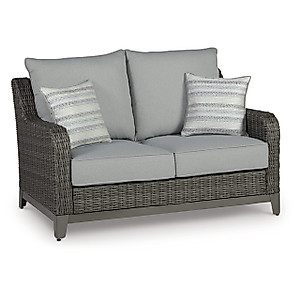 Signature Design by Ashley Outdoor Elite Park Patio Wicker Loveseat with Cushion, Gray