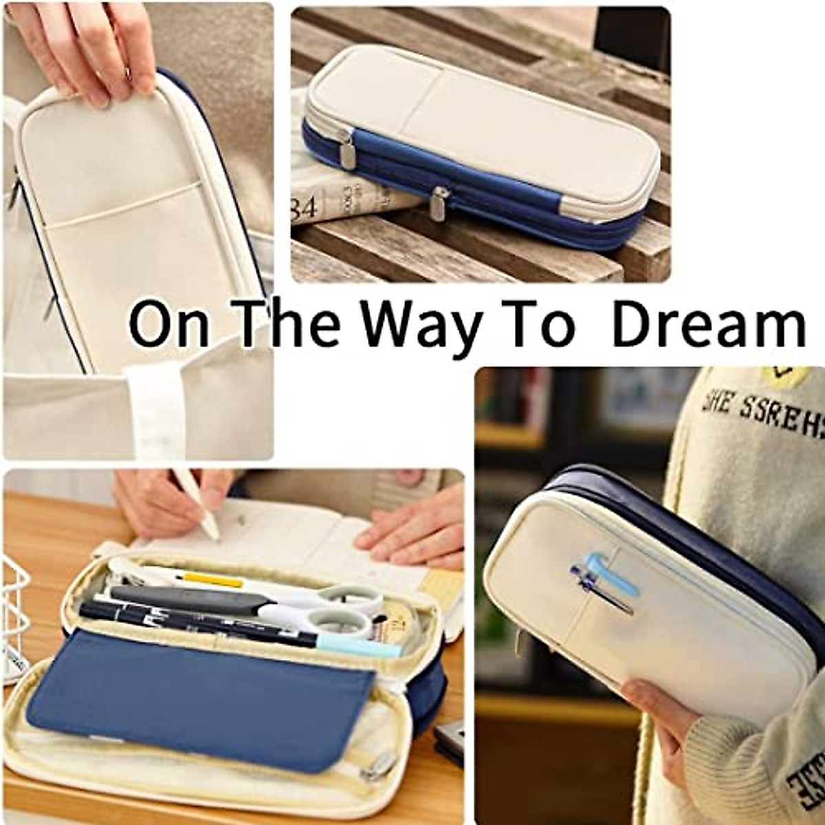 Eaarliyam Pencil Case,Expandable Pencil Case, Large Capacity Pencil Cases Pen Bag Pouch Holder School Stationery Organizer Makeup Cosmetic Bag,Navy+Beige Aesthetic Pencil Case
