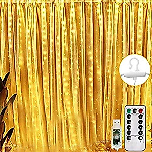 Winnerlion String Lights Curtain,USB 3 x 3 M 300 LED Curtain Lights 8 Modes Plug in Window Curtain String Lights for Christmas Wedding Party Home Garden Bedroom Indoor Wall (Yellow, 3x3m)