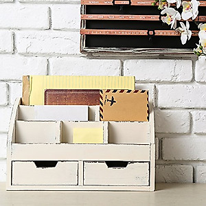 MyGift White Wood Desktop Organizer - Includes 6 Compartments and 2 Pullout Drawers to Organize Office Supplies and Accessories