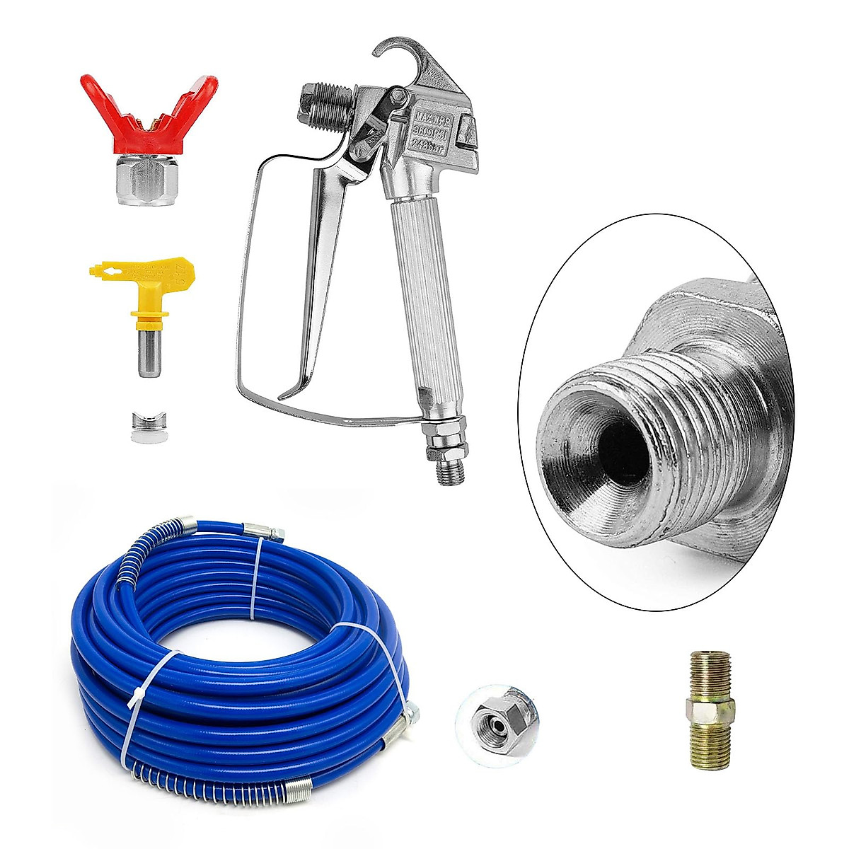 65ft Hose Kit & Airless Spray Gun with 8” Extension Pole, Including Tip Guard and 517 Tip, 3600 PSI Max x 1/4" Airless Paint Spray Hose ，Blue Color (20 Meter)