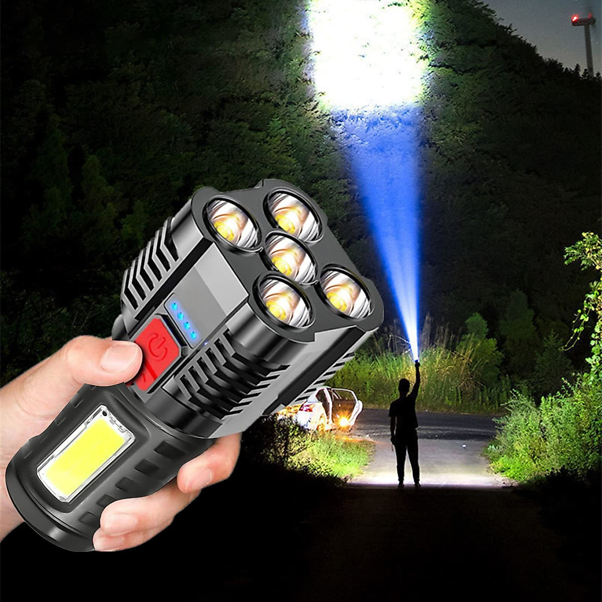 Five Explosion LED Flashlight Super Bright Rechargeable Camping Flashlight Table Lamp 4 Modes with COB Work Light, IPX6 Waterproof, Powerful Handheld Flash Light for Emergencies, Camping, Hiking