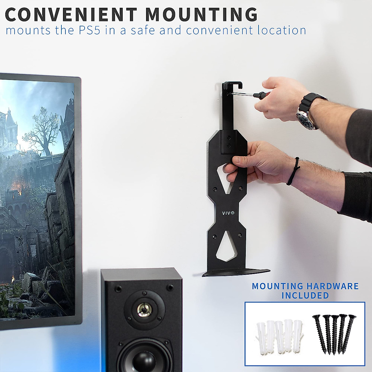VIVO Steel Wall Mount Bracket Designed for PS5 Gaming Console, Vertical Display for PlayStation 5, Open Design, 2 Controller Mounts, Black, MOUNT-PS5B