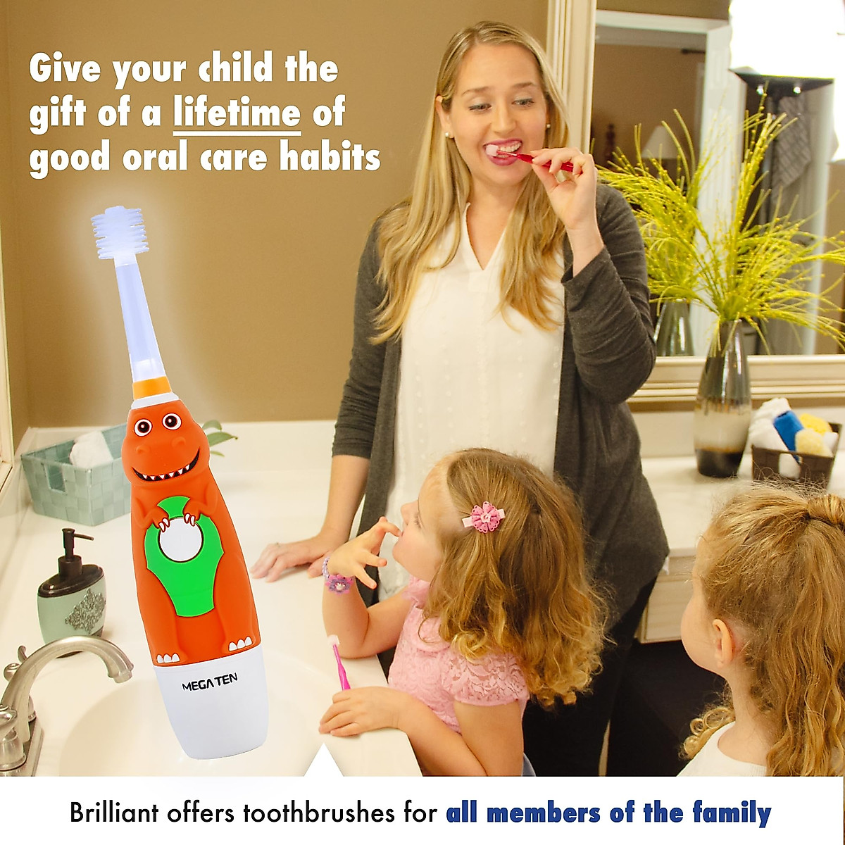 Brilliant Oral Care Kids Sonic Electric Toothbrush with Soft Bristles, Round Brush Head, LED Light, and Timer, for Children Ages 5+, Dinosaur
